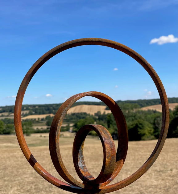 Trio Ring Sphere Sculpture – Rustic Garden Art